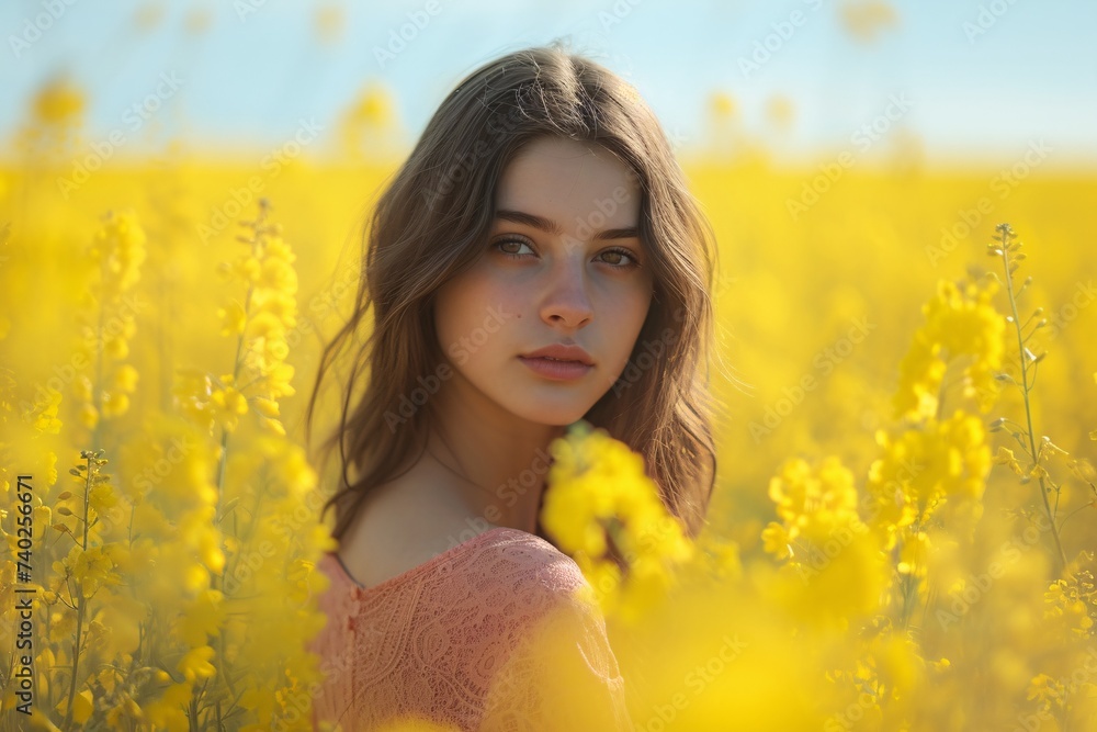 A young girl in a mustard dress stands gracefully among a sea of yellow ...