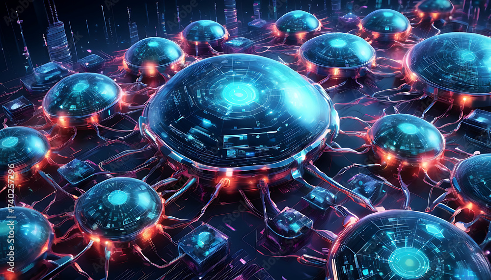 Abstract tech background with interconnected cyber cells, quantum computing network system and ...