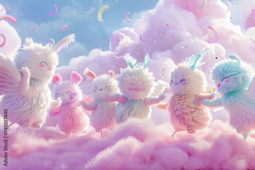 A group of cuddly cloud creatures of various sizes, with fluffy wings ...