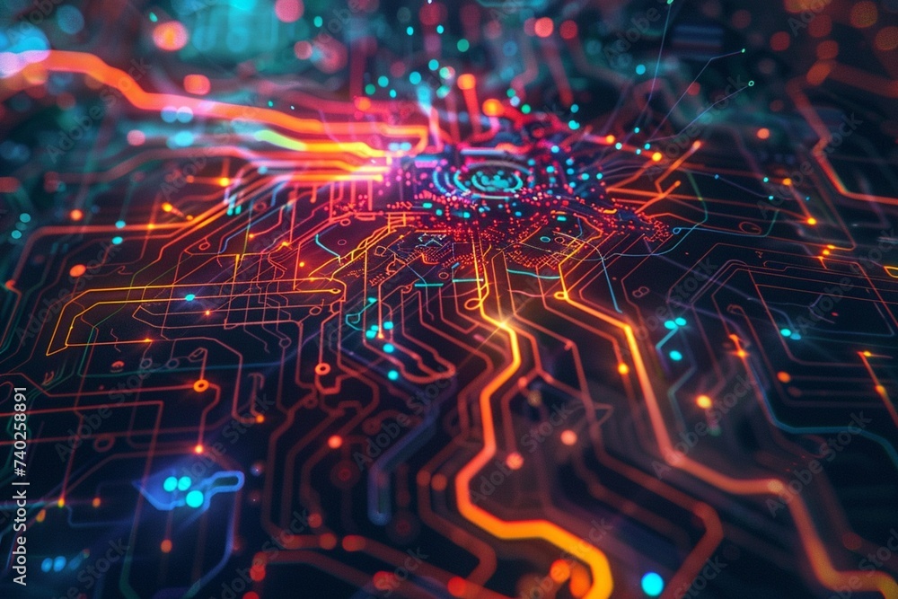 A vibrant neural network map composed of glowing circuits and gears ...