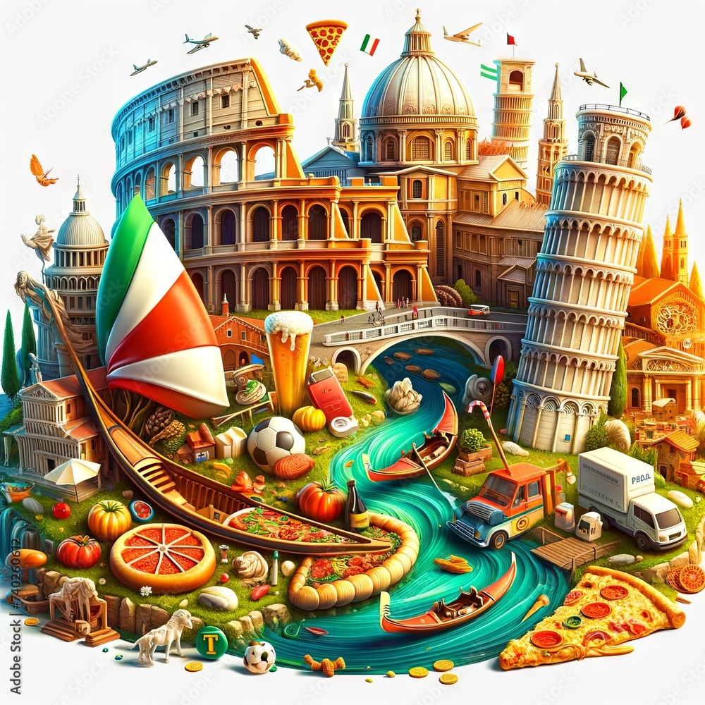 Artistic 3D depiction of Italy featuring the Colosseum, gondolas ...