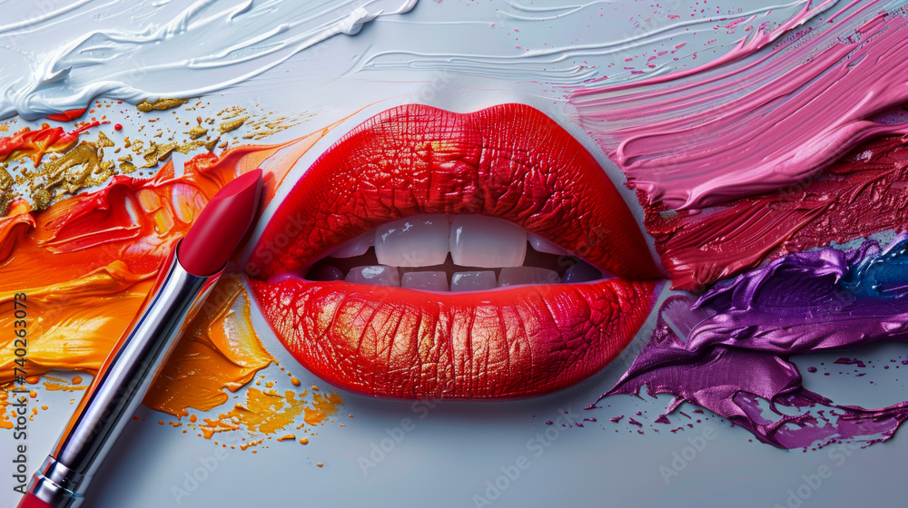 Image of radiant red lips with a classic lipstick bullet and a ...
