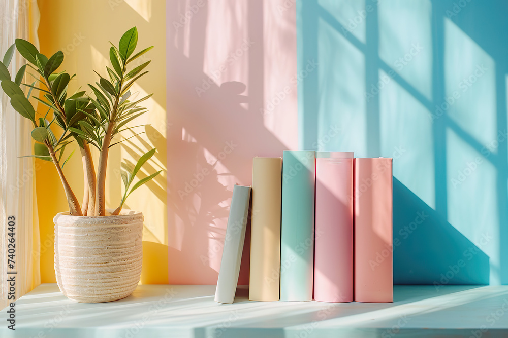 stack tower of books with blank spine mockup in bright pastel colours ...