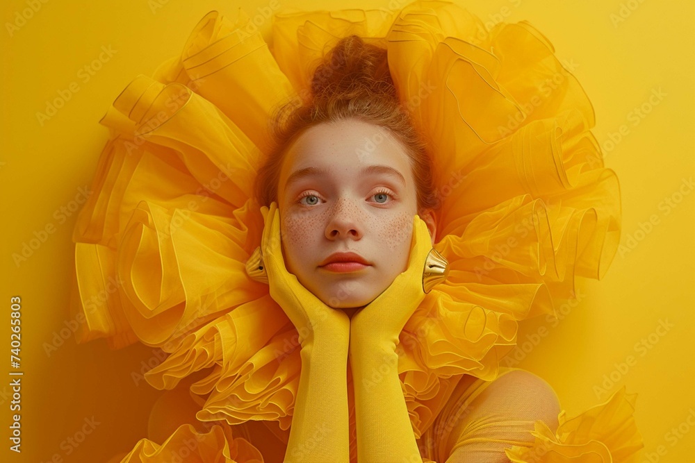 Dinner party. Young indifferent girl in giant jabot collar or neckwear ...