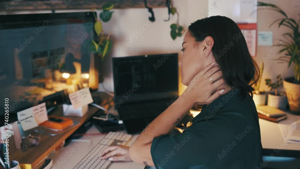 Businesswoman, night and neck pain from stress by computer, muscle ...