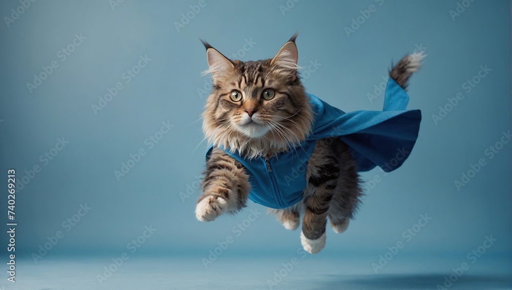 superhero Norwegian Forest cat, Cute tabby kitty with a blue cloak and ...