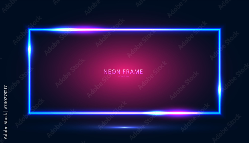 Neon rectangular frame with shining effects on a dark blue-pink ...