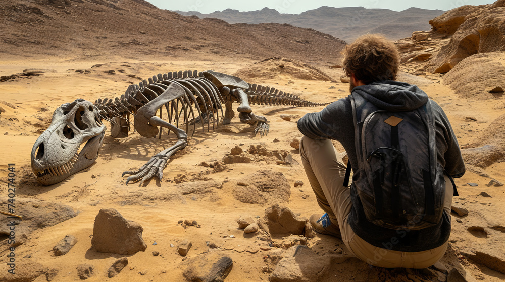 Examining dinosaur bones is conducted by a scientist against a desert ...