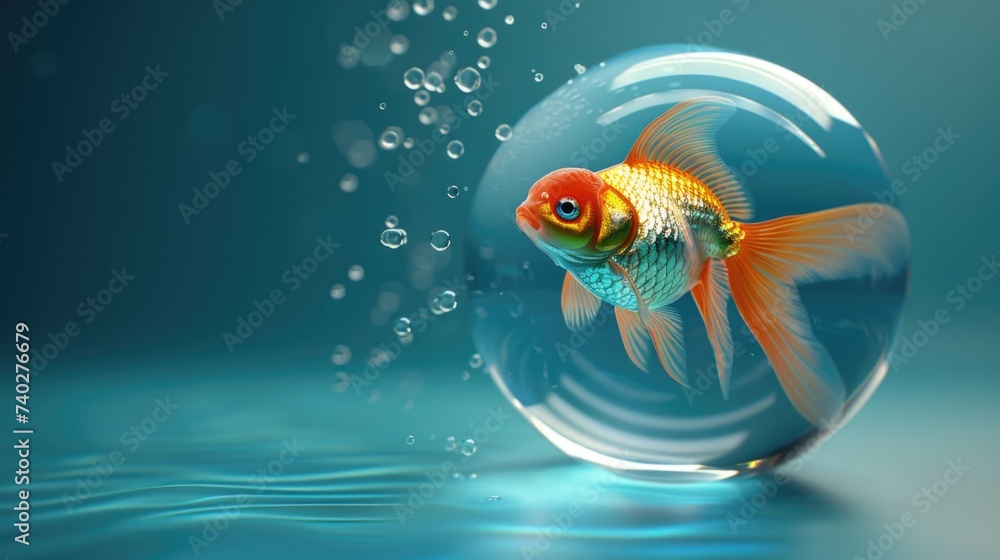 A goldfish gracefully swims in a small bowl of water, surrounded by ...