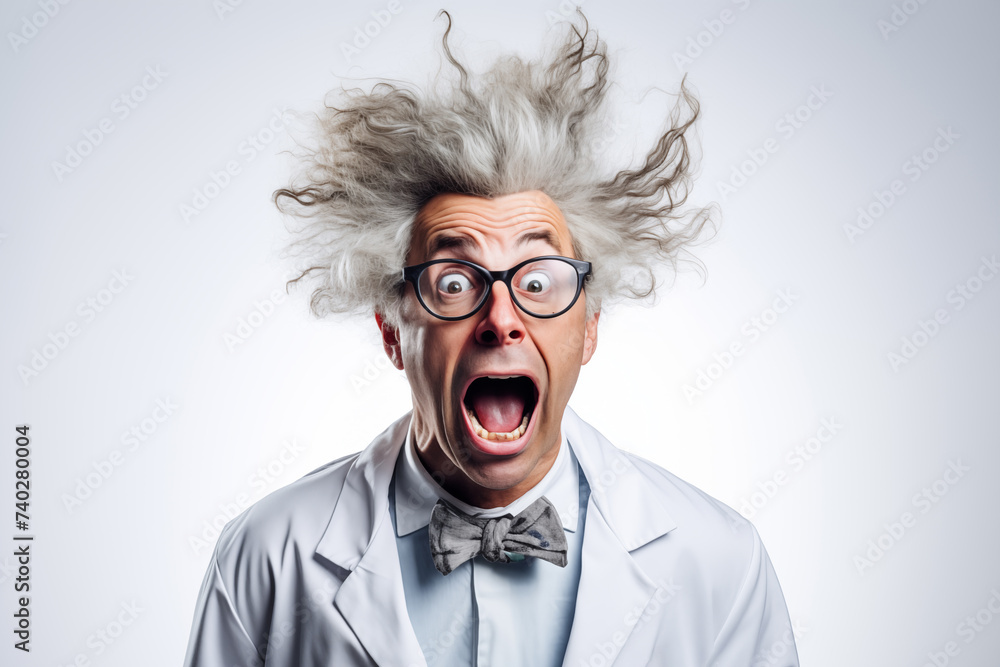 Mad scientist using big glasses with a lab coat and long white hair ...