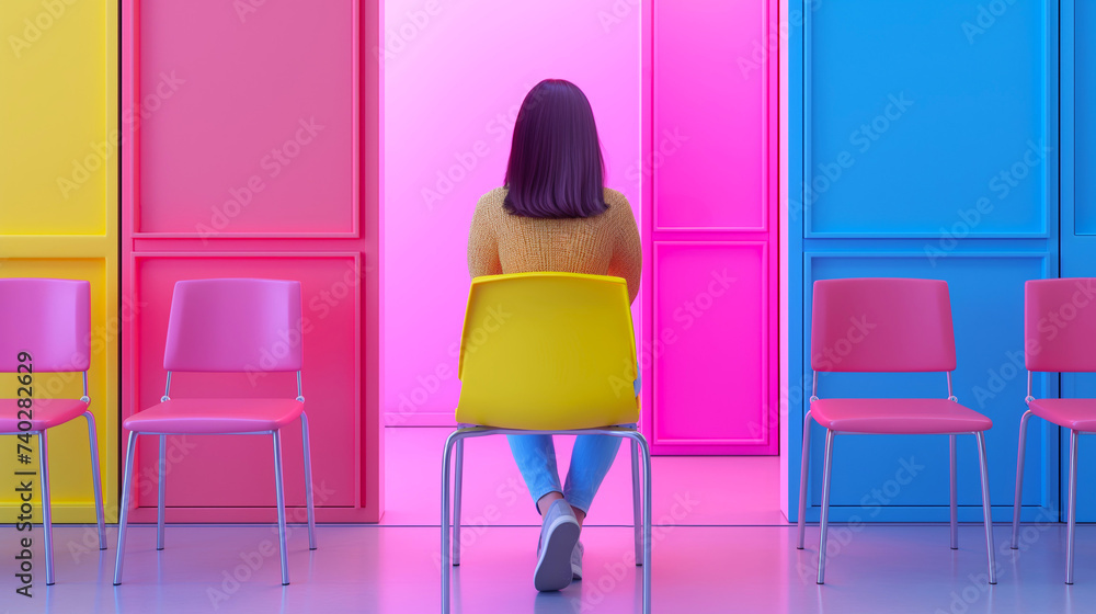 Waiting room with chairs and a girl sitting on a chair. Modern ...
