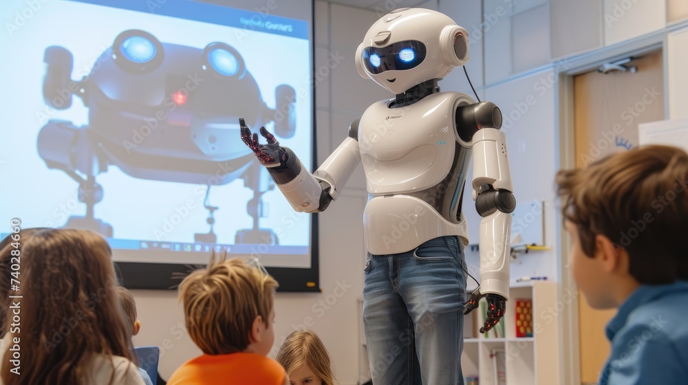 Children in a classroom interact with a teaching robot, highlighting ...