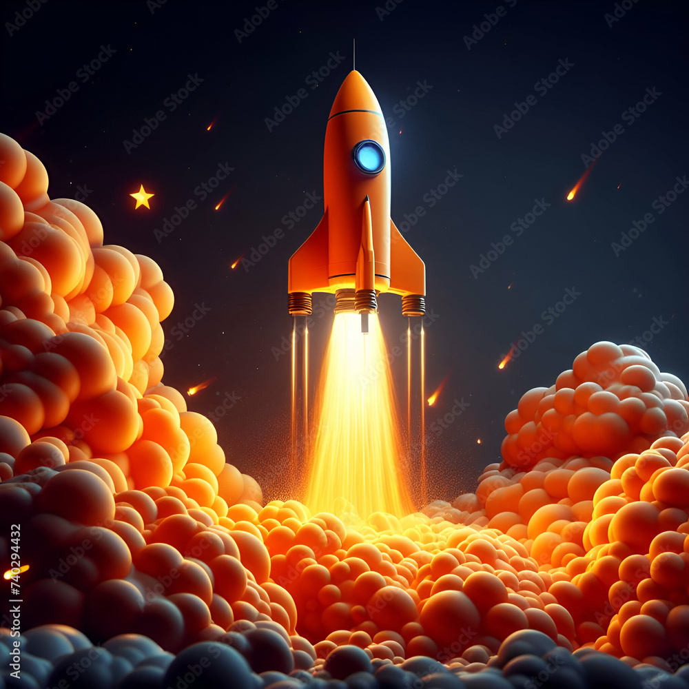 3D Rocket Ship Missile or Space Shuttle Ascending Powerfully with ...