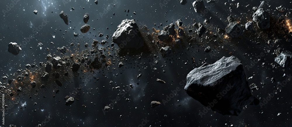 This 3D rendering showcases a space station navigating through a field ...