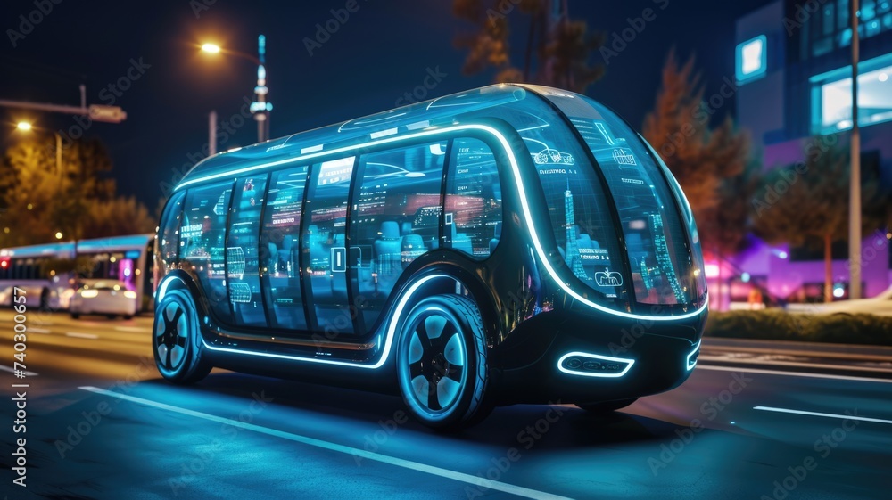 futuristic autonomous car with transparent OLED displays instead of ...