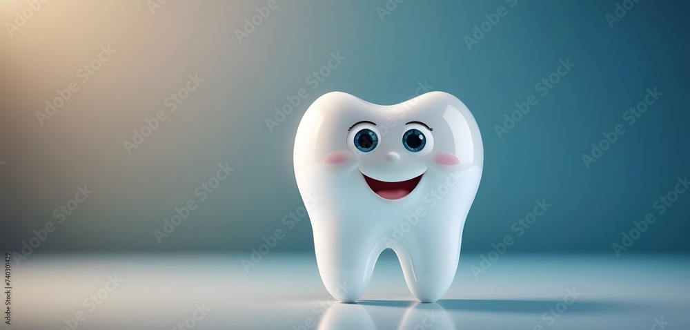 A happy tooth with a smiling face is resting on a table, surrounded by ...