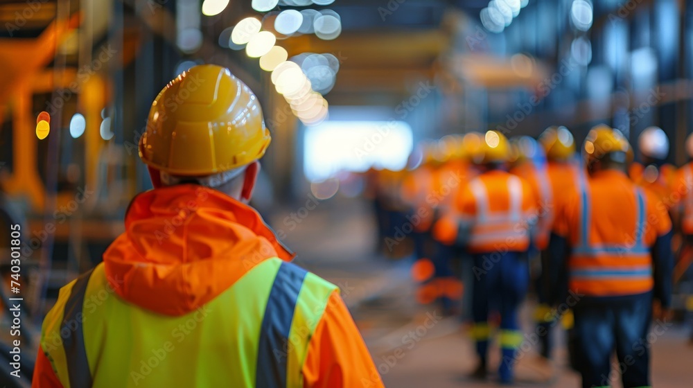 Amidst a bustling city street, a diverse group of blue-collar workers ...