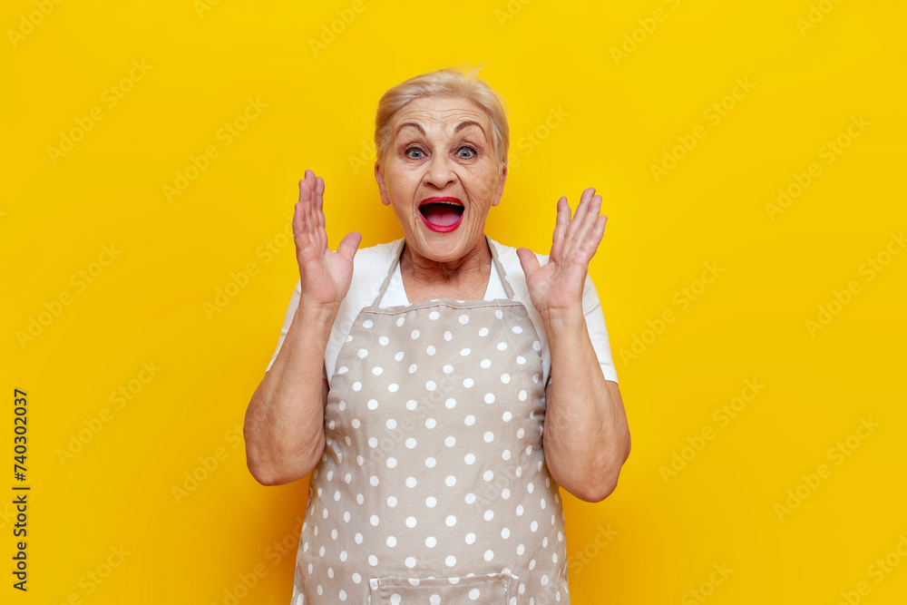 shocked old grandmother housekeeper in apron screaming with raised ...