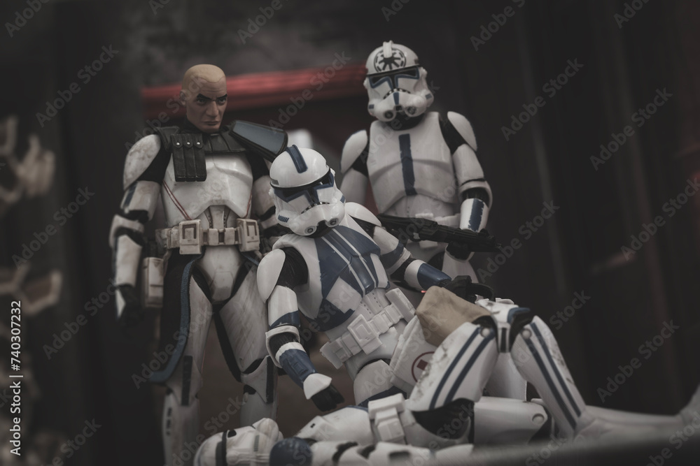 NEW YORK USA, FEB 25 2024: scene from the Clone Wars, medic Kix tends ...