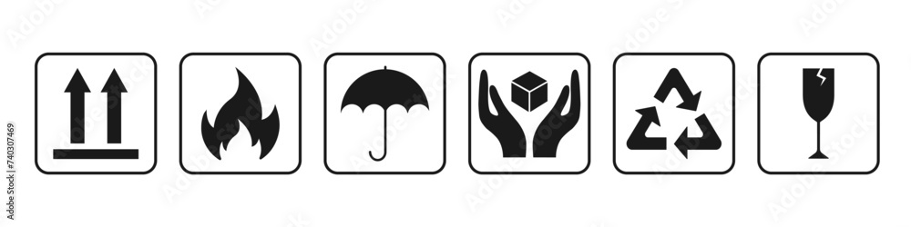 Common packaging. Warning symbol set. Fragile, recycle, handle with ...