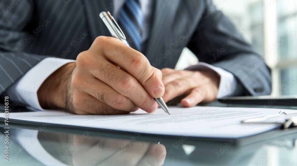 A man intently uses an office instrument, a pen, to sign a document ...