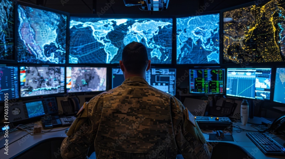A uniformed soldier intently studies a map on a computer monitor ...