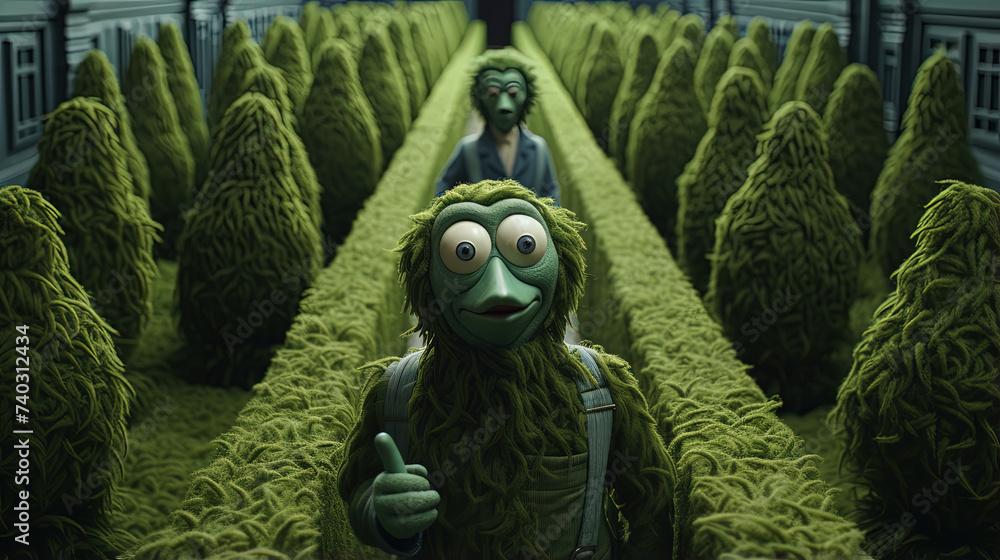 Group of green creatures standing together in the middle of a maze ...