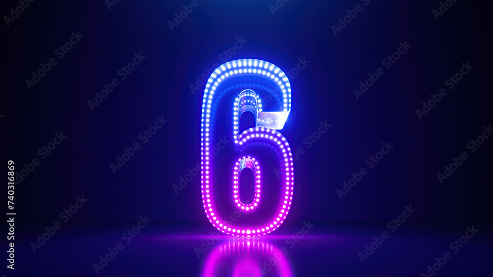 3d render, abstract number six glowing in the dark with pink blue neon ...