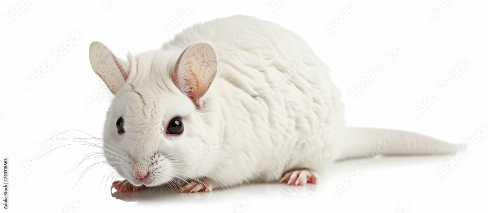 A white chinchilla, a terrestrial rodent in the Muroidea family, stands ...