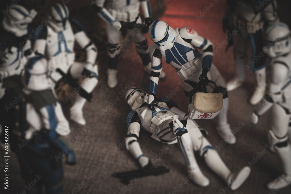 NEW YORK USA, FEB 25 2024: scene from the Clone Wars, medic Kix tends ...