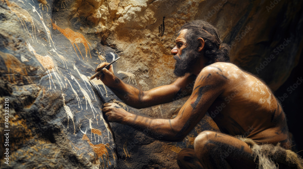Neanderthal man drawing animals on rock wall, bearded caveman and ...