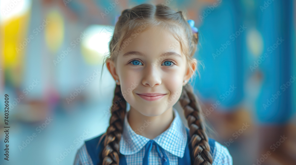 blue-eyed smiling schoolgirl with braids in uniform on the background ...