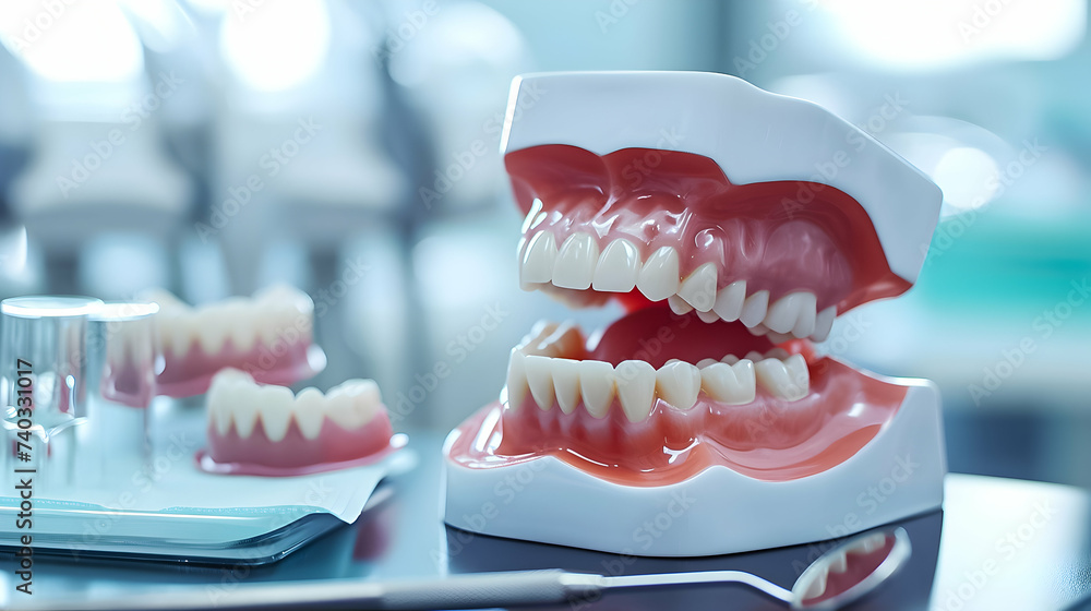 Dental practice setup with a teeth model and modern dentist tools ...