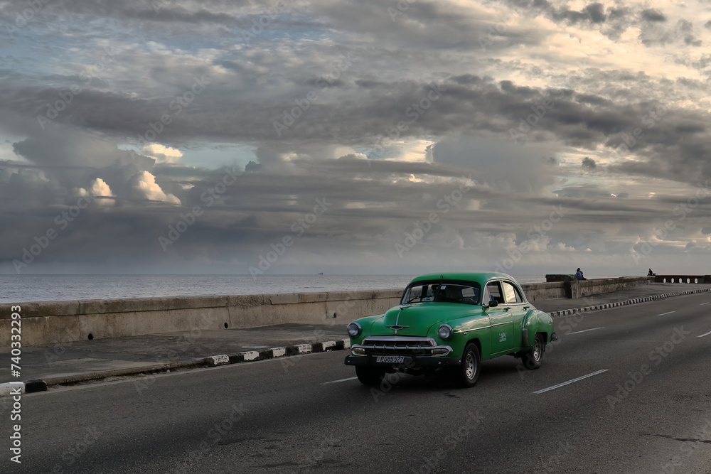 Old green painted almendron car -yank tank, Chevrolet American classic ...
