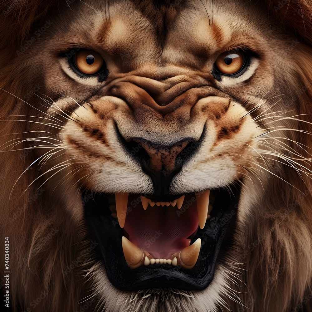 Portrait of a lion facing the front of the camera, growling, direct eye ...