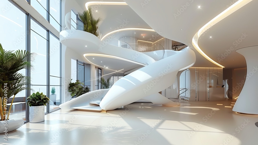 The interior of a modern building features cutting-edge architecture ...