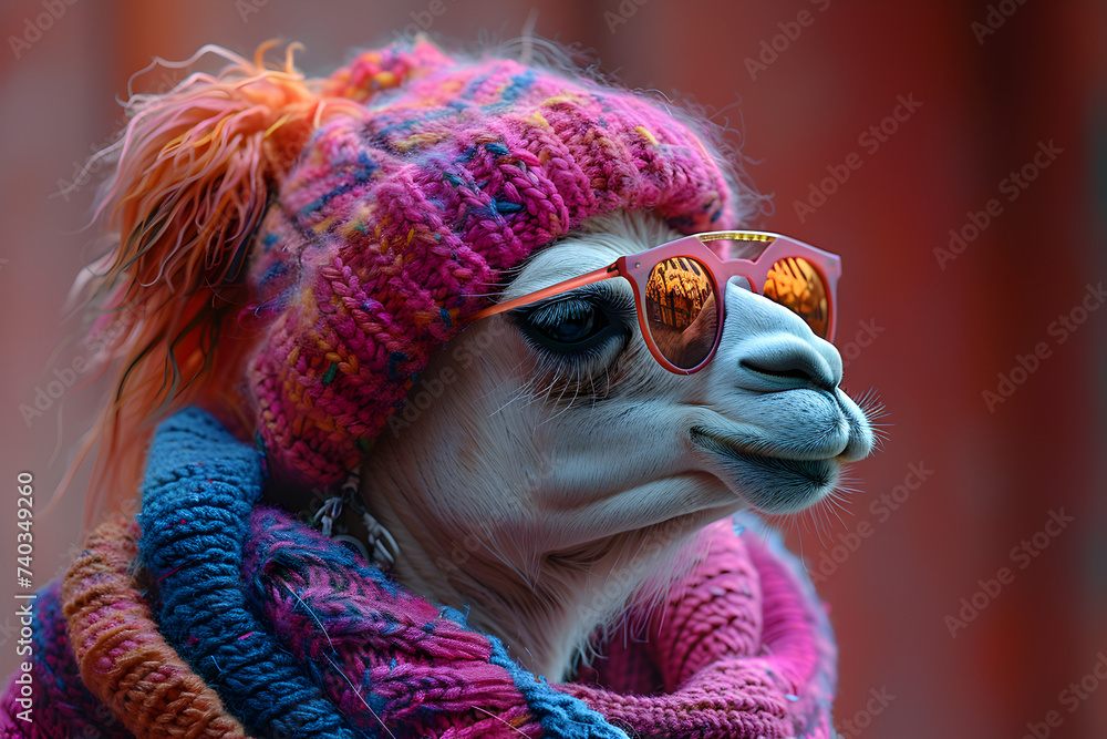 Cool and relaxed Lama with colorful sunglasses in a photo studio light ...