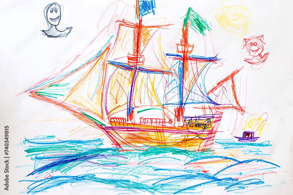 Pirate ship sailing the high seas in search of treasure 4 year old's simple scribble colorful ...