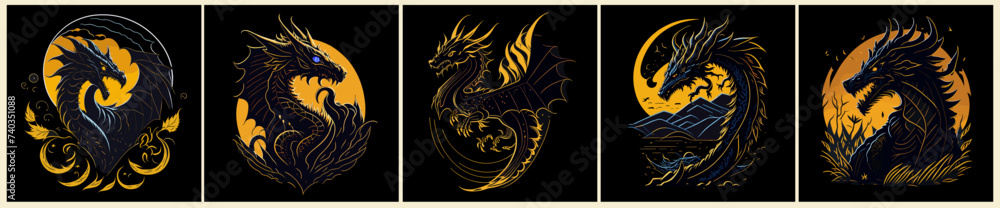 Japanese dragons set. Ancient Asian traditional animal. Chinese New ...