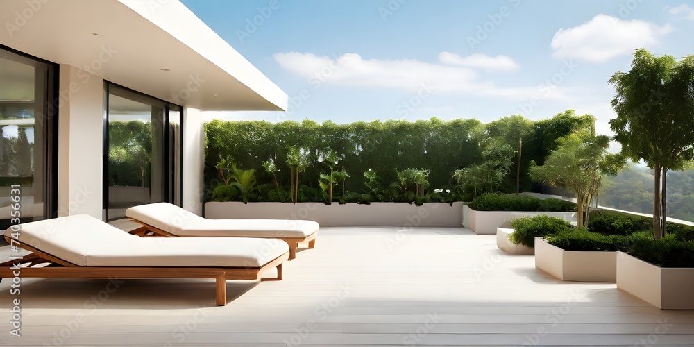Empty rooftop garden with carefully placed potted plants in minimalist ...