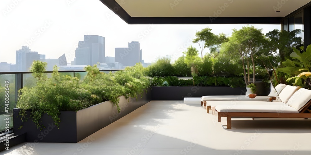 Empty rooftop garden with carefully placed potted plants in minimalist ...
