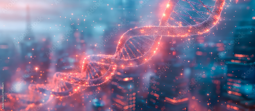Genetic code sequence in focus cityscape background - Socioeconomics ...