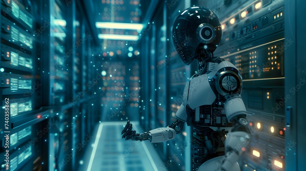 robot working in data center glowing visualizations of complex datasets ...