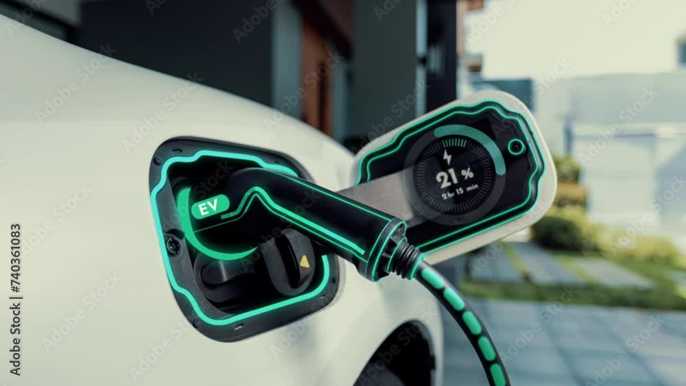 Electric car recharging in futuristic home charging station with smart ...