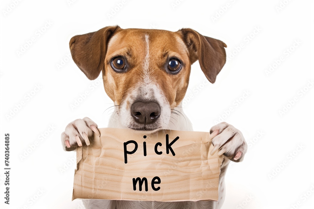 Cute and funny dog holding a pick me sign isolated on white background ...