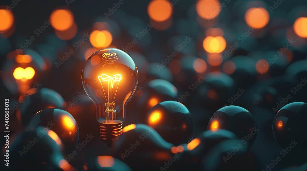 One of Lightbulb glowing among shutdown light bulb in dark area with ...
