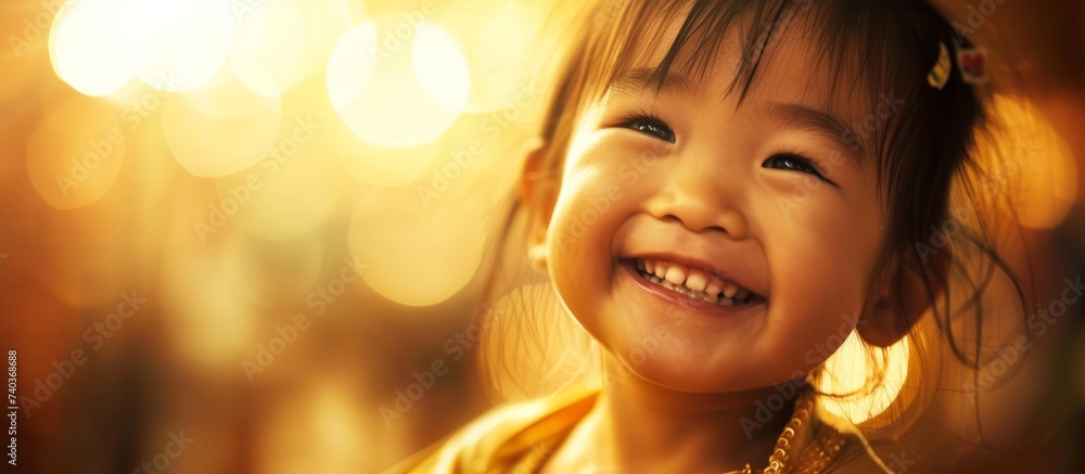 The toddlers happy smile lights up her face as she gazes up at the ...