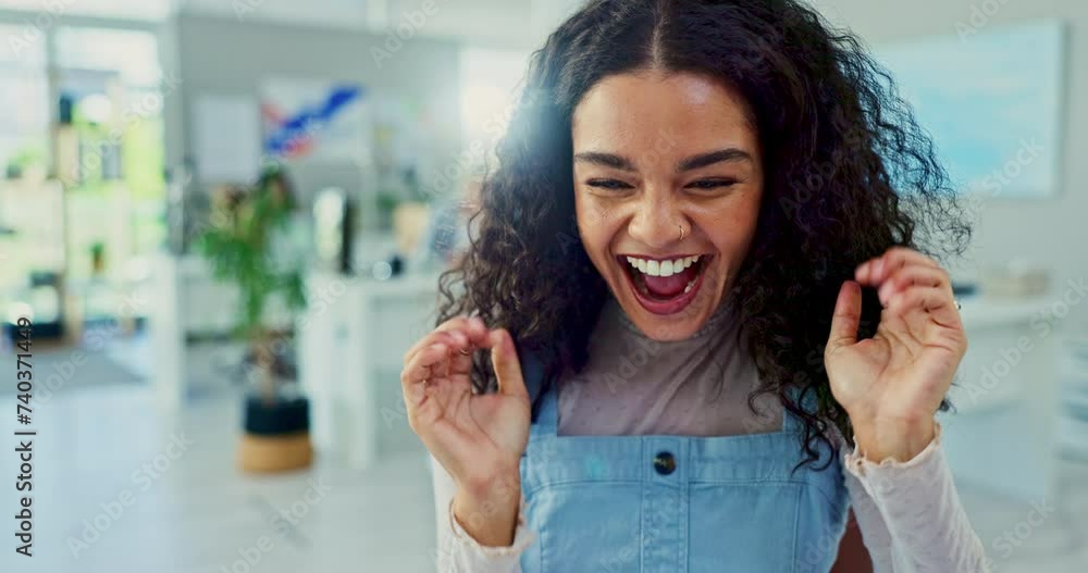Celebration, fist pump and woman in office with success, achievement or ...