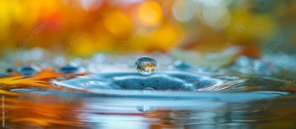 A macro photography of a drop of water splashing into a pool, creating ...