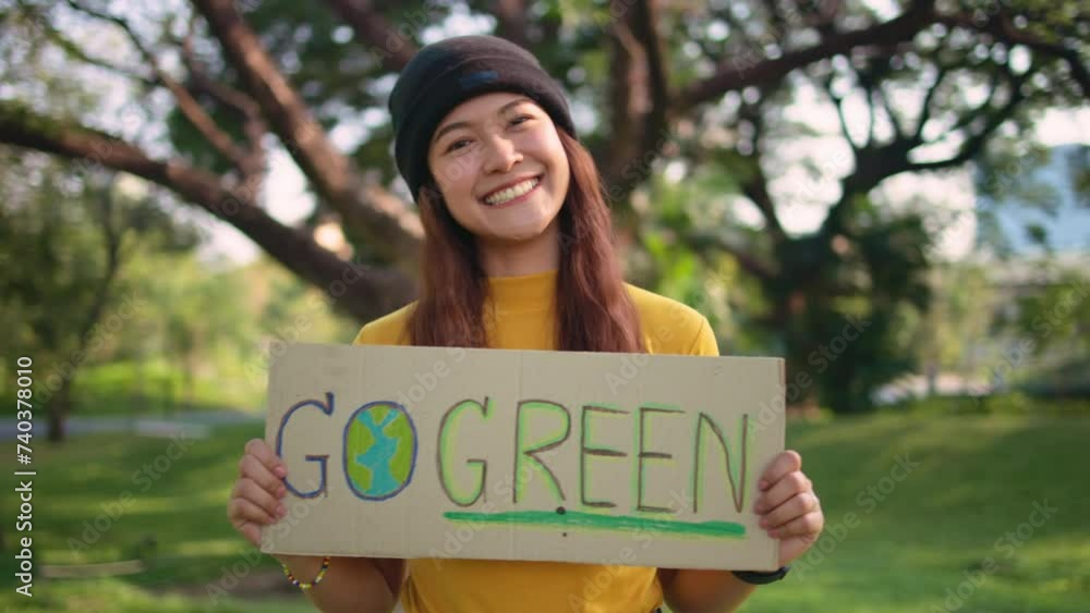 Go green Gen Z woman asia young people smile looking at camera showing ...